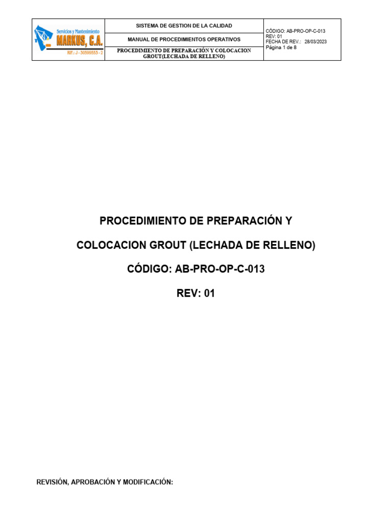 Ab-Pro-Op-C-013 Aplicacion de Grouting | PDF