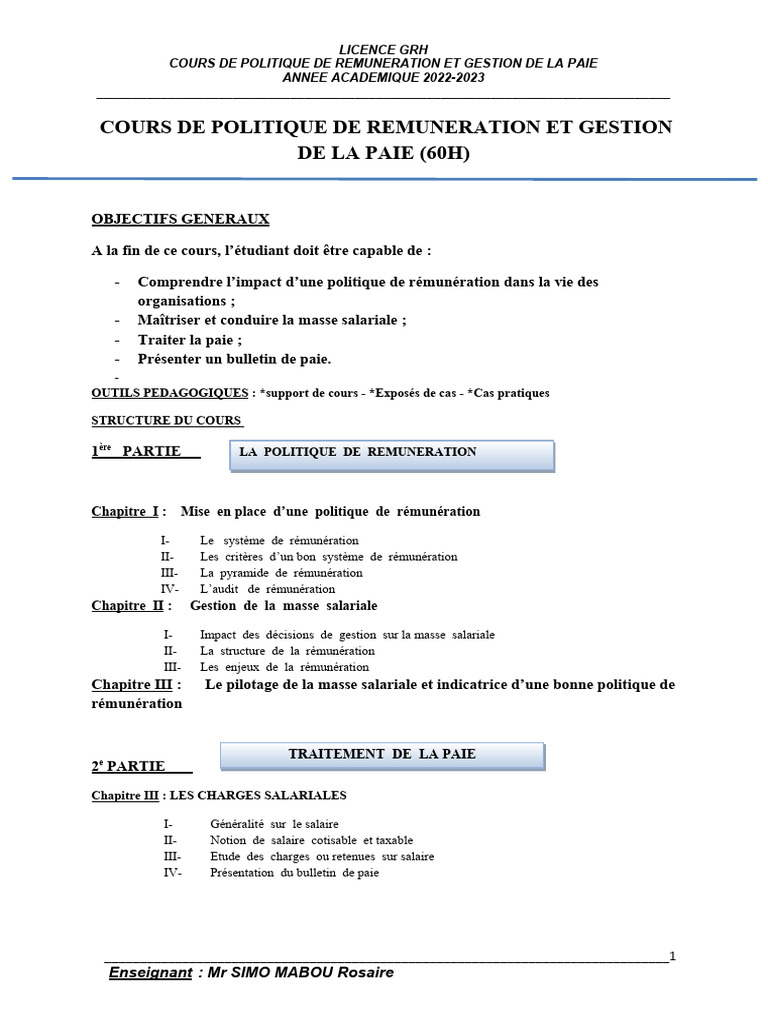 CHAPITRE 1 - 2 Et 4 - COURS DE POLITIQUE DE REMUNERATION ET GESTION DE LA PAIE | PDF