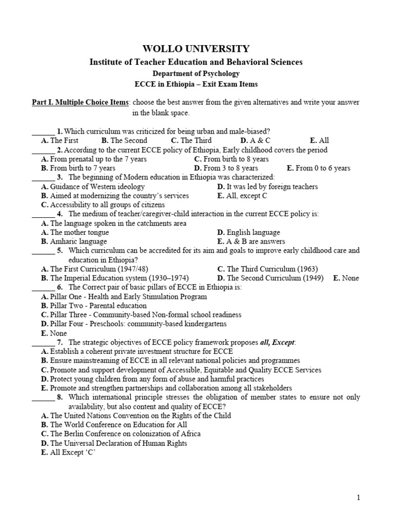 Exit Exam Items - ECCE in Ethiopia-1 | PDF