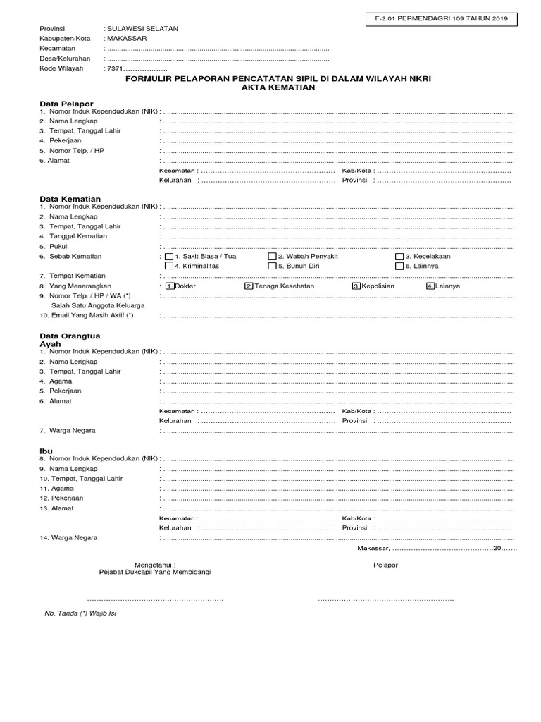 Formulir Akta Kematian Dukcapil | PDF | Griya & Taman