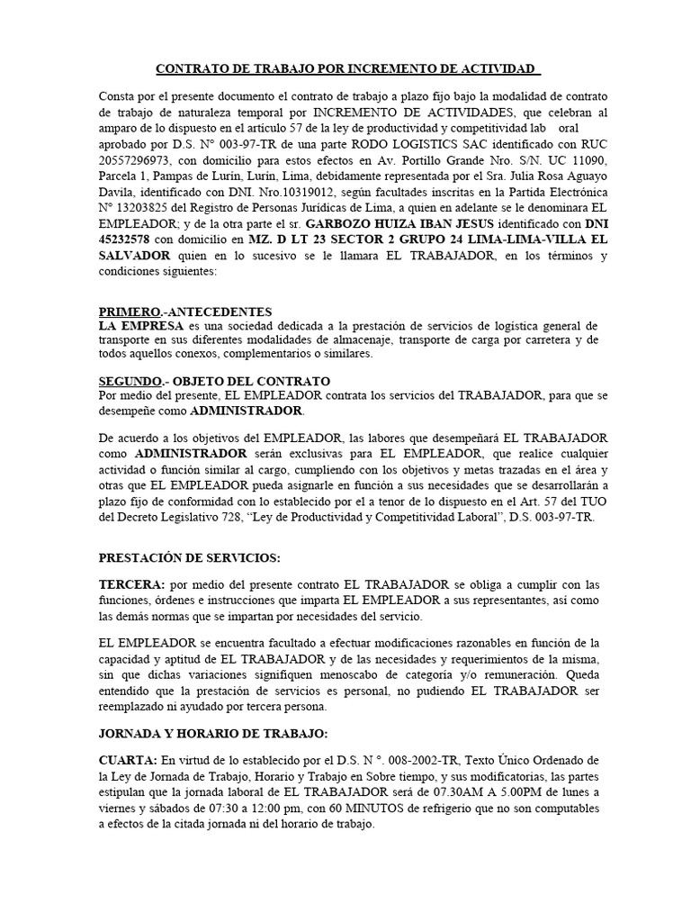 Contrato de Trabajo Por Incremento de Actividad | PDF