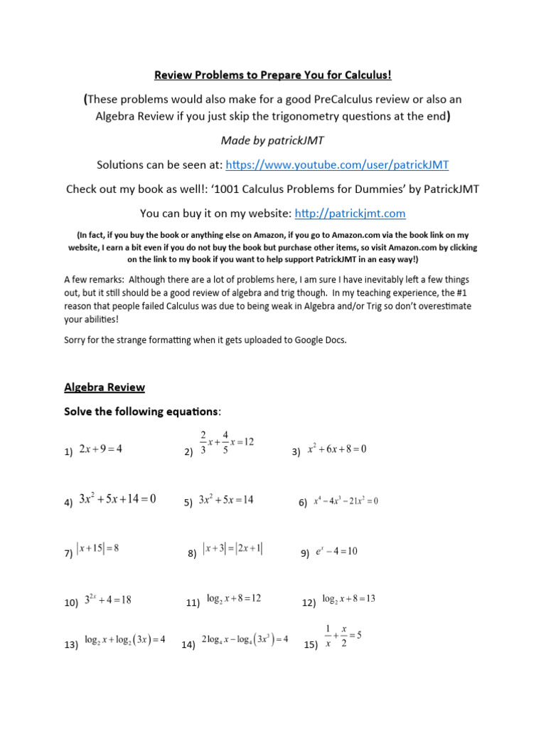 Review Problems To Prepare You For Calculus | PDF