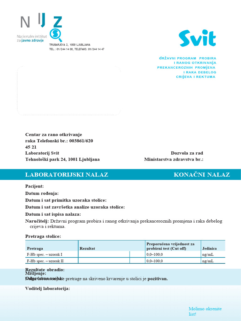 Dopis o Pozitivnem Izvidu FOBT SVIT Maj 2018 HR | PDF