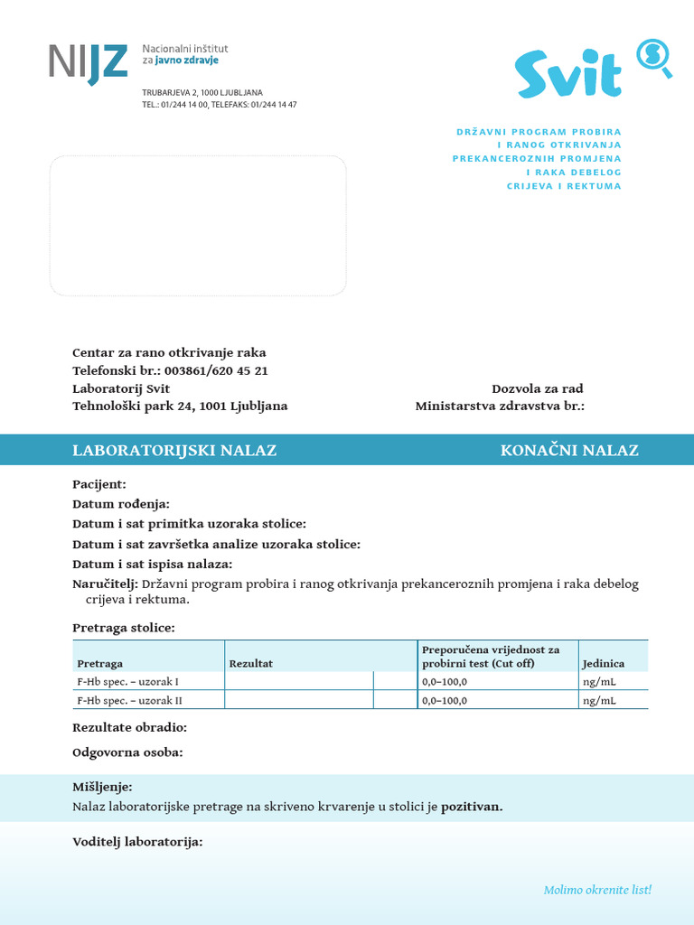 Dopis o Pozitivnem Izvidu FOBT SVIT Maj 2018 HR | PDF