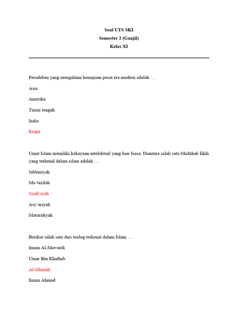 Soal UTS SKI Kelas XI Semester 2 | PDF