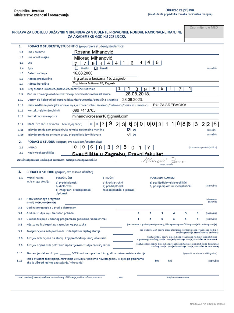 Prijava Za Stipendiju Rosana Mihanovic | PDF