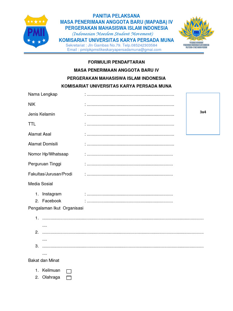 Formulir Pendaftaran Mapaba IV Ukpm | PDF