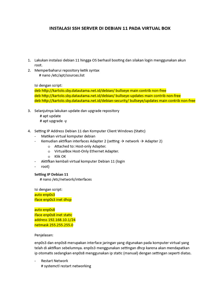 Instalasi SSH Server Di Debian 11 Pada Virtual Box | PDF