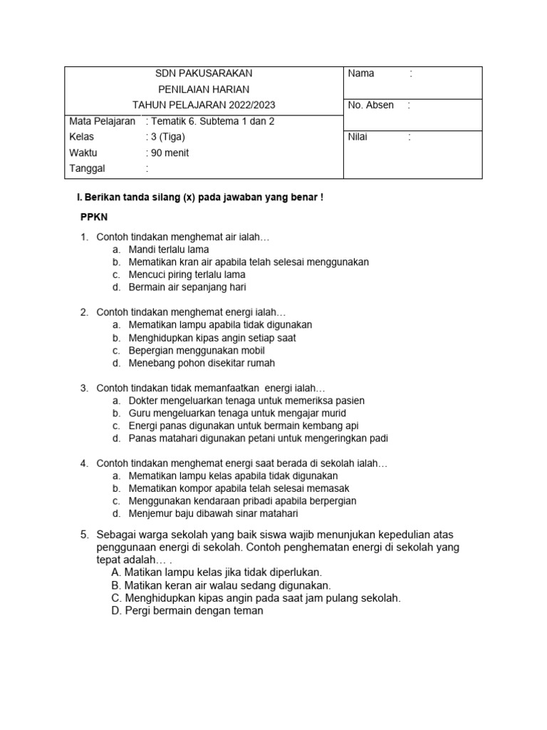 SOAL PTS KELAS 3 Hari Ke 3 (Tema 6 Sub 1 2) | PDF | Perjalanan | Sains ...