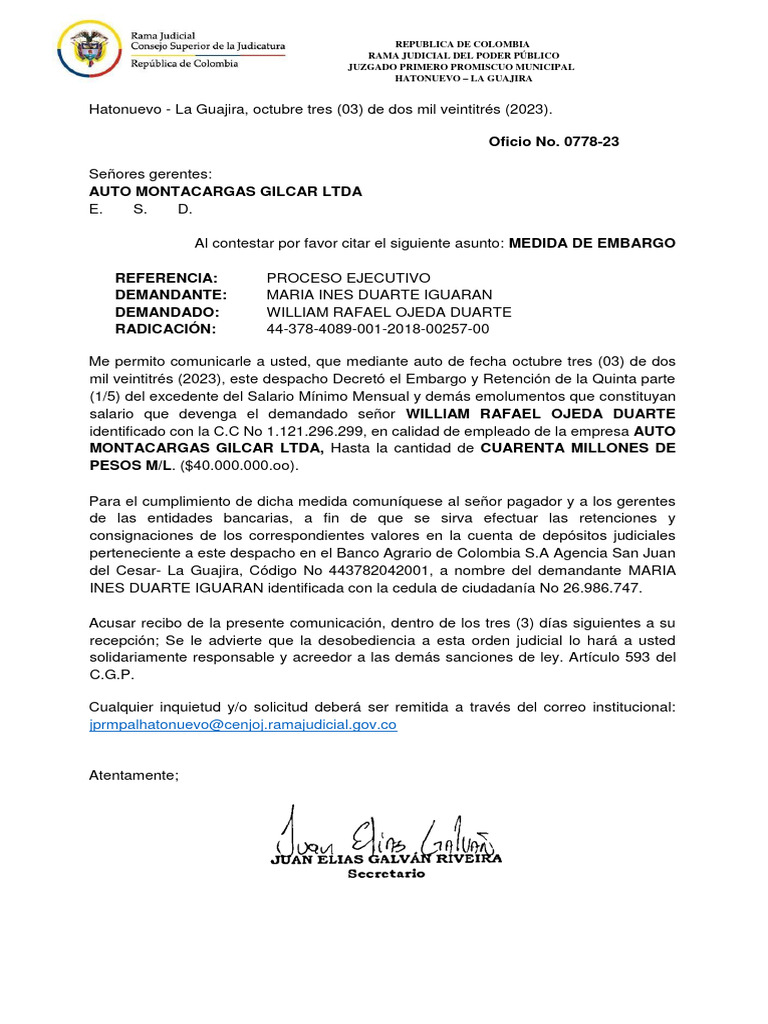 04 Oficio de Embargo 2018-00257 | PDF