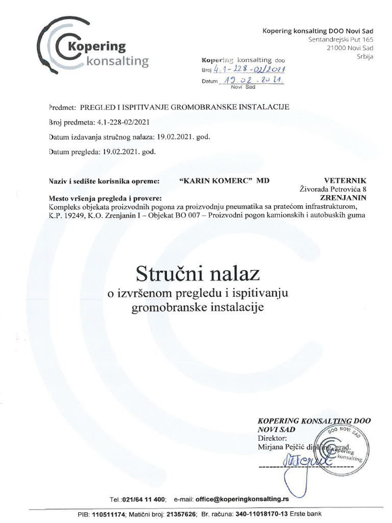Strucni Nalaz KARIN KOMERC VETERNIK 19.02.2021 Uzemljenje Cisterne Zrenjanin | PDF