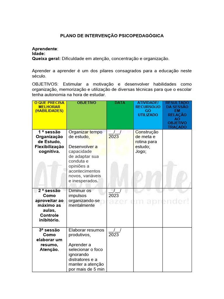 Plano de Intervenção Psicopedagógica | PDF | Carreira e Crescimento