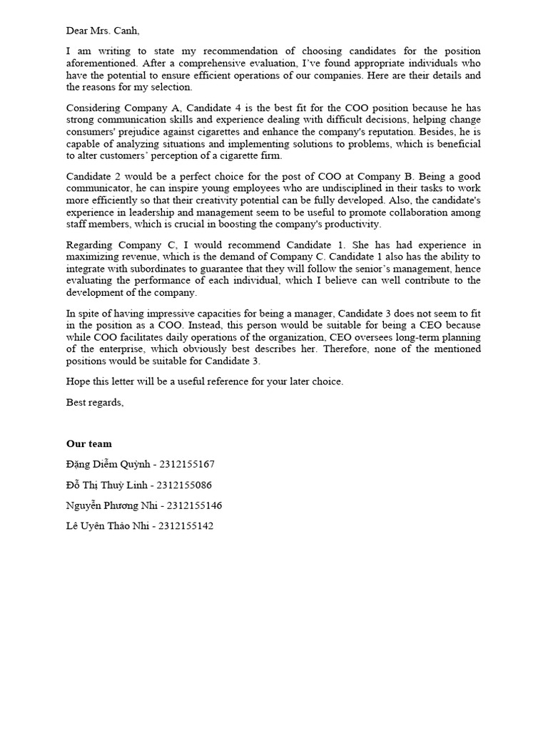 Recommendation of Candidate For Chief Operating Officer | PDF