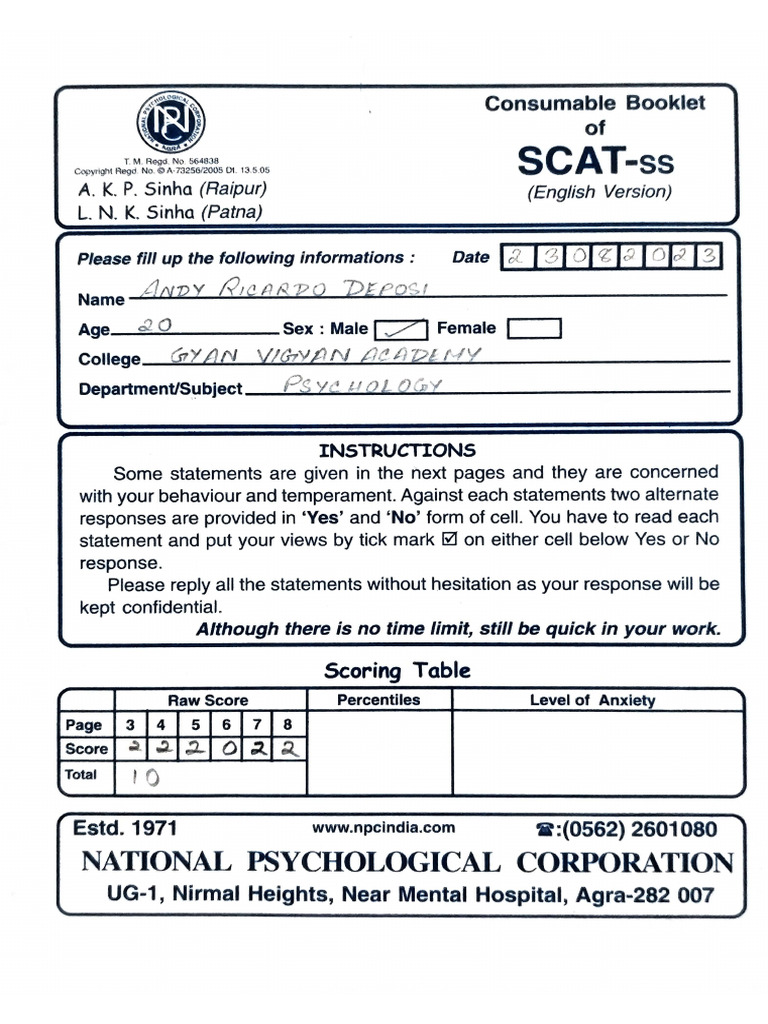 SCAT - Questionnaire | PDF