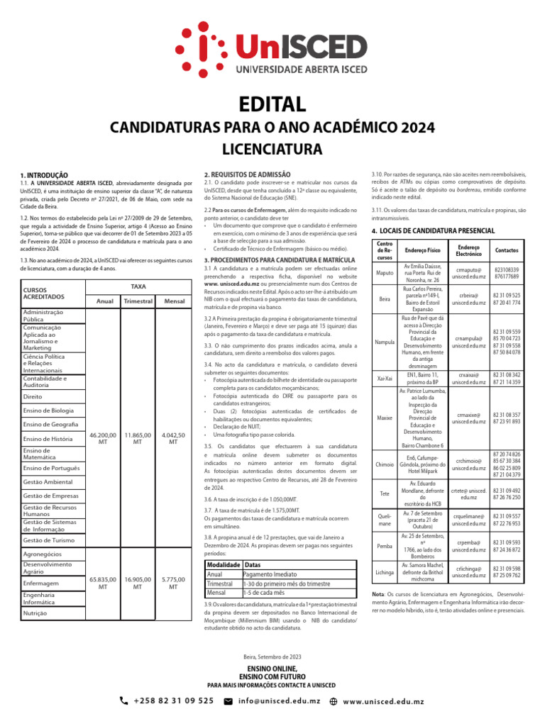 Editais de Candidaturas 2024 Licenciatura e Mestrado | PDF