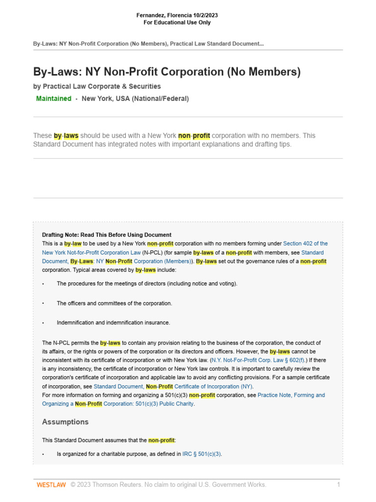 By-Laws NY Non-Profit Corporation (No Members) | PDF