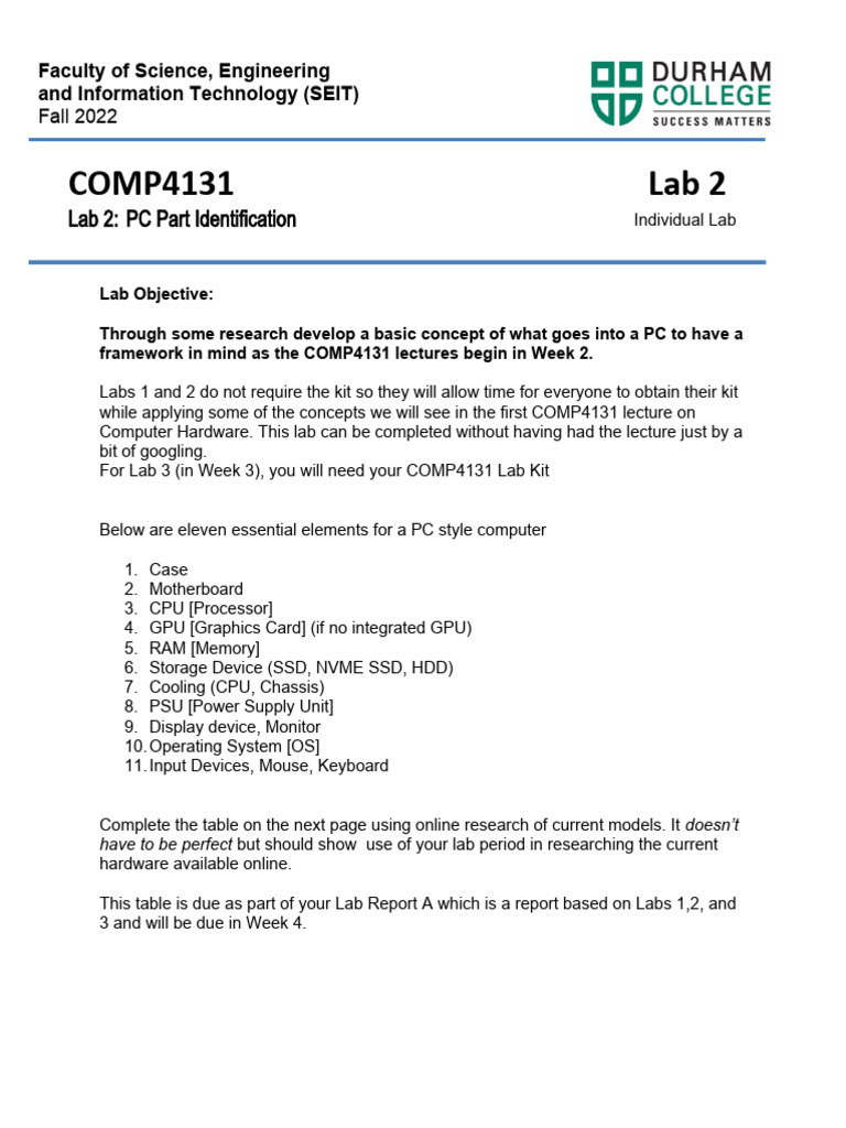COMP 4131 - Lab 2 - PC Hardware Research - Fall2022 | PDF | Computer Hardware | Personal Computers