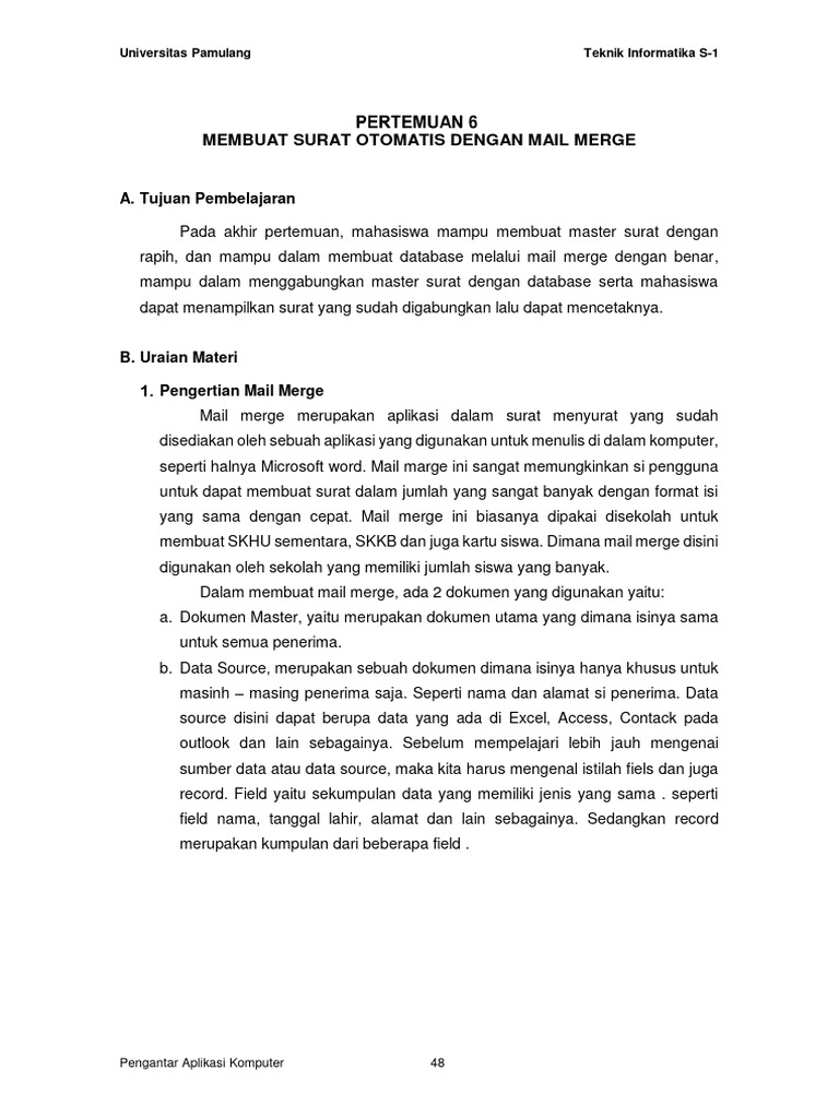 Pert 6 - MEMBUAT SURAT OTOMATIS DENGAN MAIL MERGE | PDF