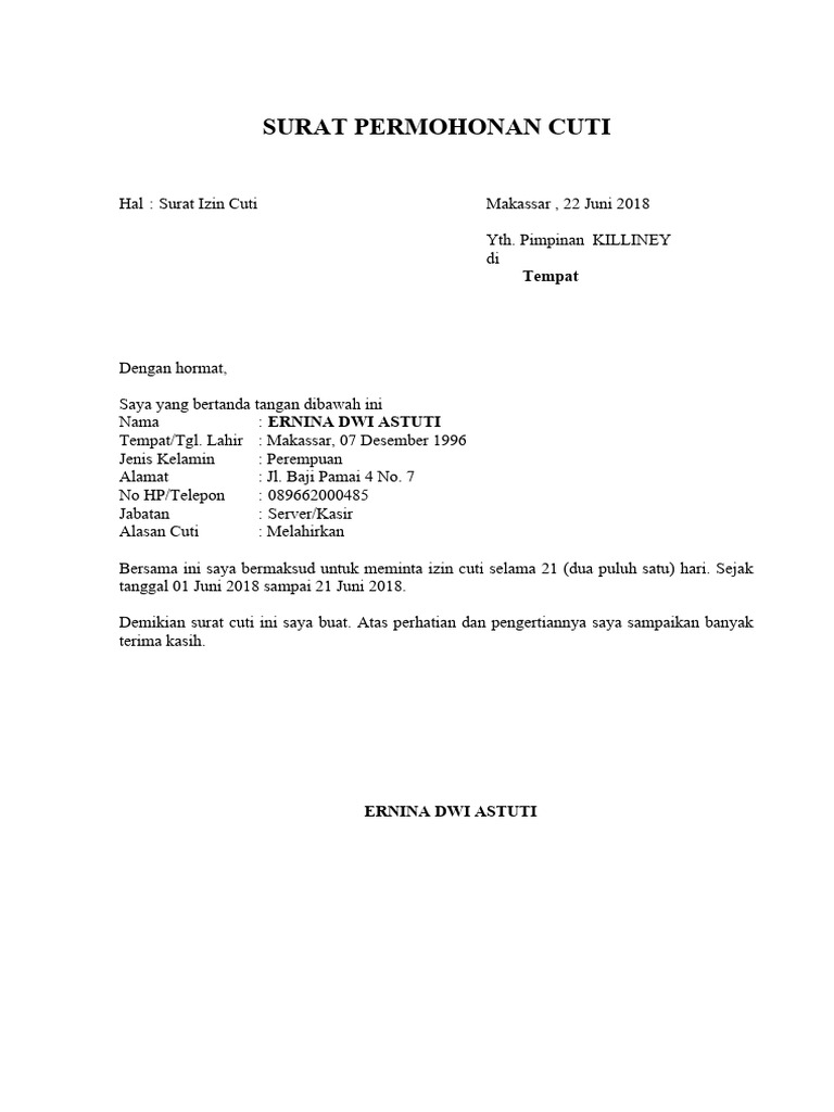 Surat Ijin Tidak Masuk Kerja | PDF