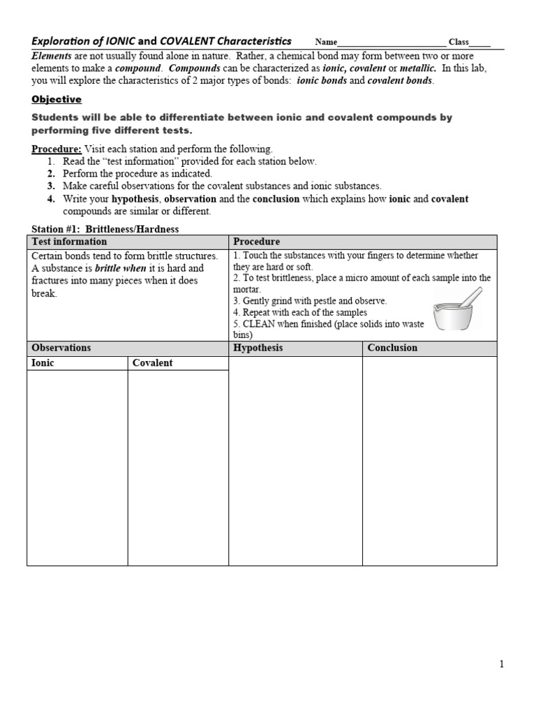 Ionic vs Covalent Bond Lab Exploration | PDF