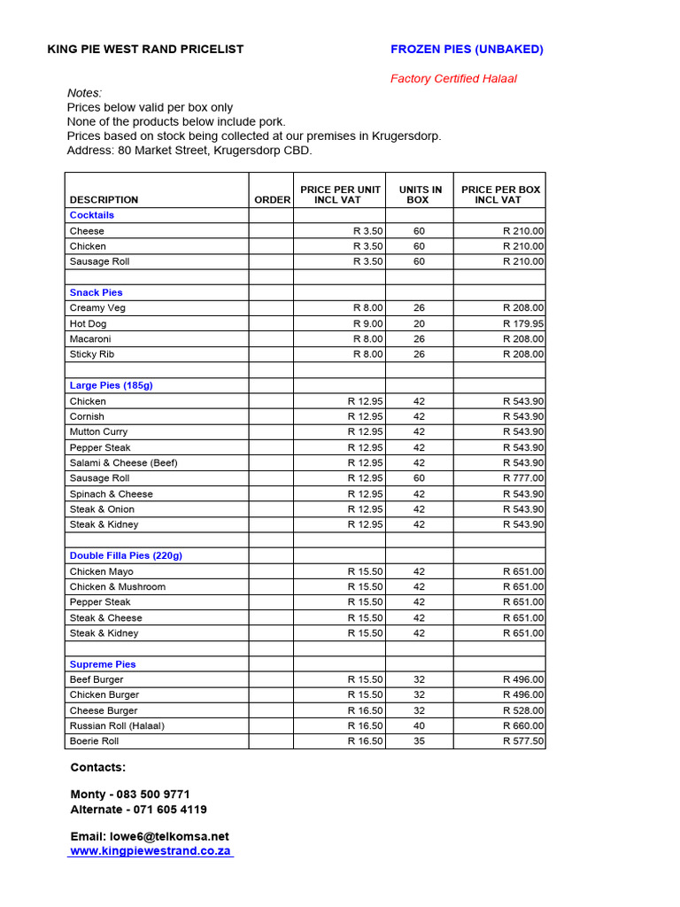 King Pie West Rand Price List | PDF | Hamburgers | Steak