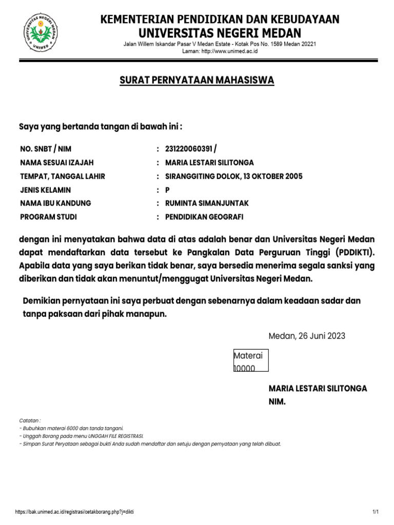 SURAT PERNYATAAN PDDIKTI | PDF