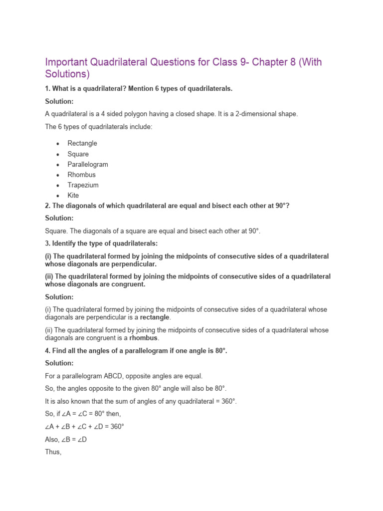 Important Quadrilateral Questions For Class 9 | PDF | Rectangle | Euclid