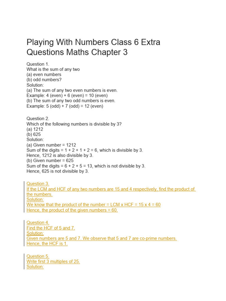 Playing With Numbers Class 6 Extra Questions Maths Chapter 3 | PDF | Prime Number | Numbers