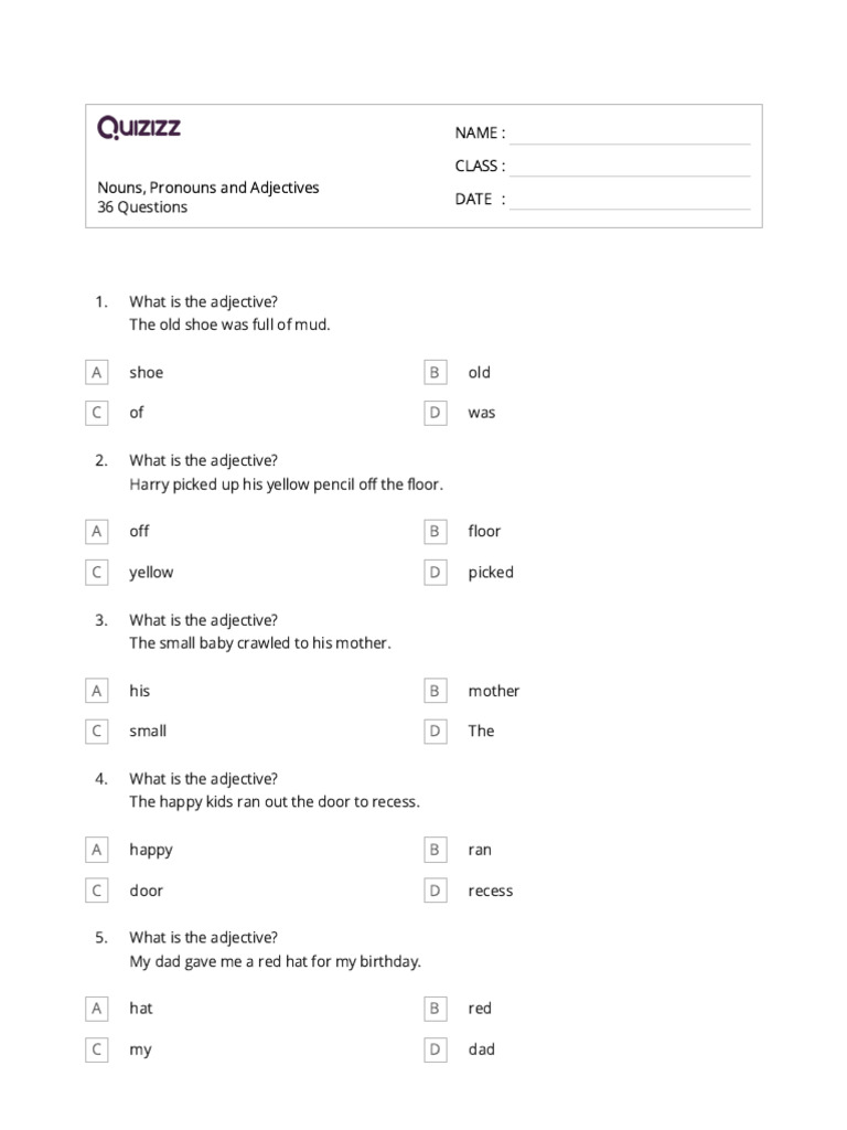 Noun, Pronoun, Adjective Worksheet | PDF | Adjective | Pronoun