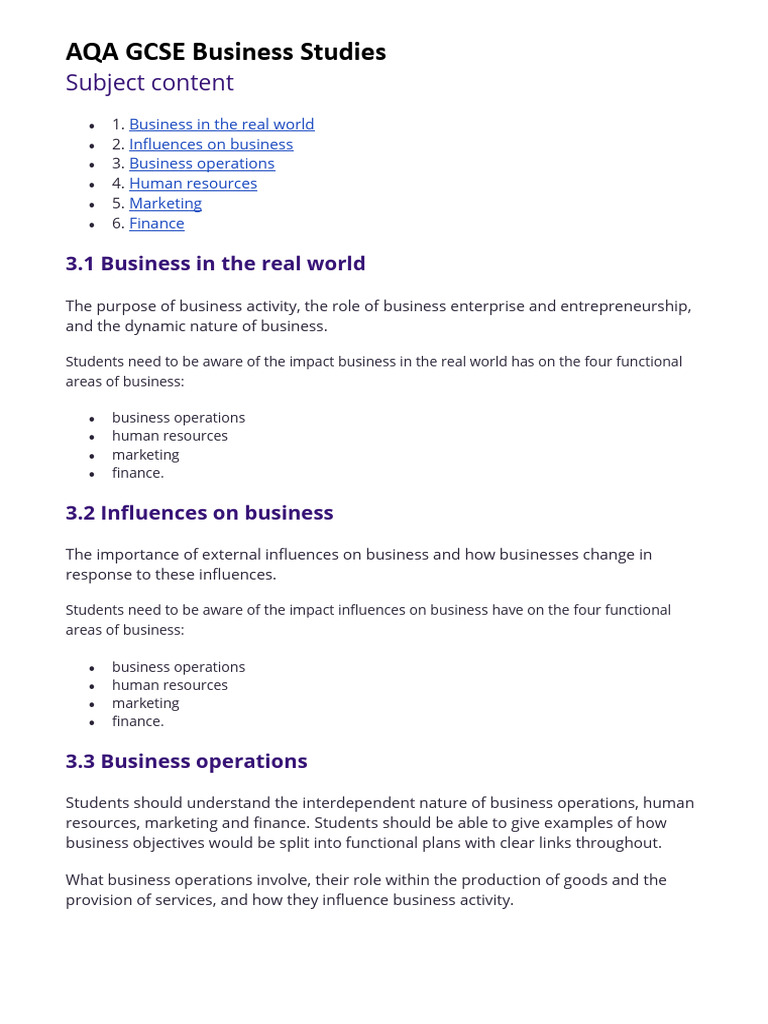 AQA GSCE Business - Subject Content - Potrait | PDF | Marketing ...