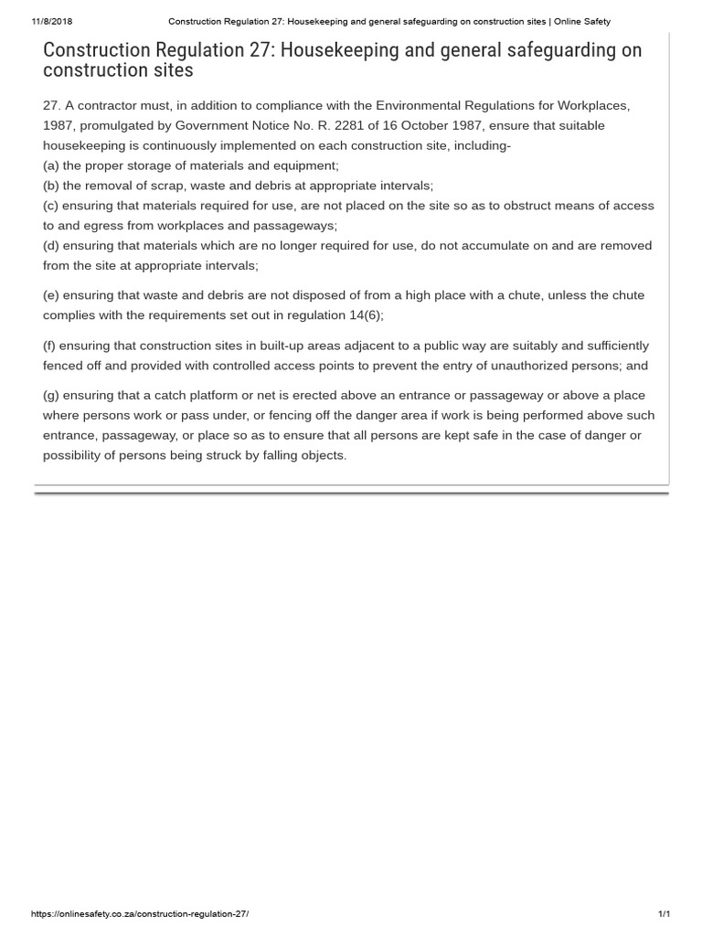 Construction Regulation 27 - Housekeeping and General Safeguarding On ...