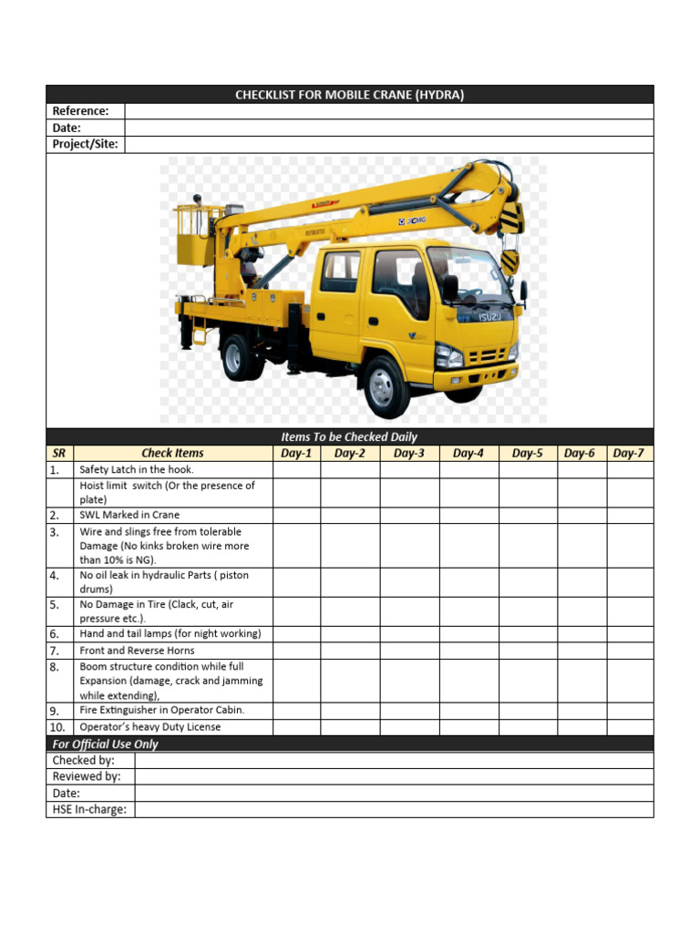 Checklist For Mobile Crane-HYDRA | PDF | Technology & Engineering