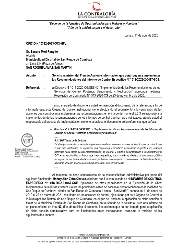 OFICIO 0392-2023 Mejoramiento de La Infraestructura Vial MD San Roque-018-2022-2-0467-SCE | PDF