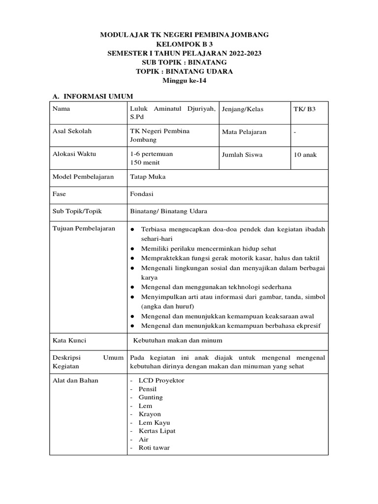 Contoh Modul Ajar Tema Binatang | PDF