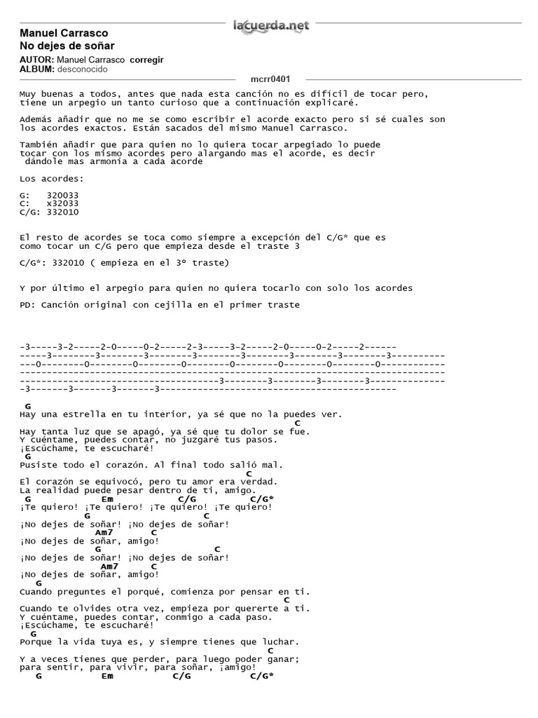 Manuel Carrasco, No Dejes de Soñar Letra y Acordes | PDF