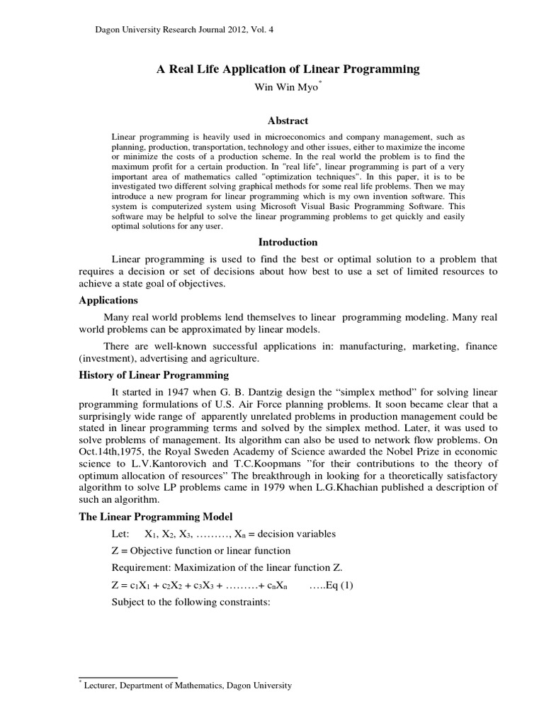 A Real Life Application of Linear Progra | PDF | Linear Programming ...