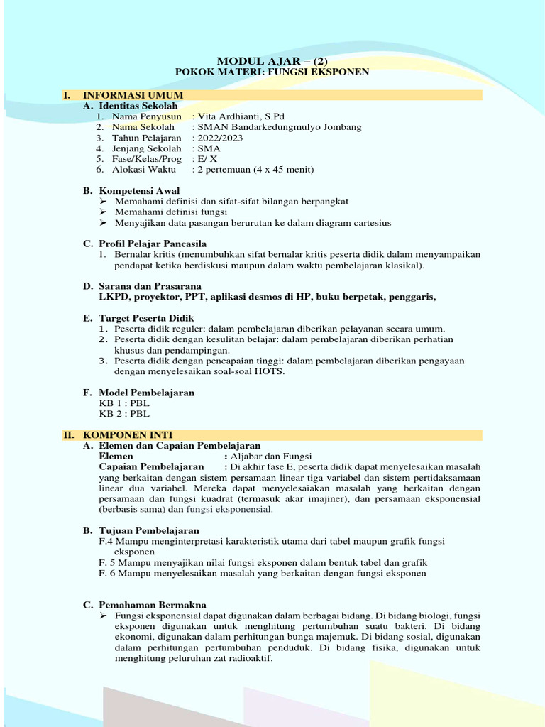 Modul Ajar+lkpd Ekponen Dengan Model PBL | PDF