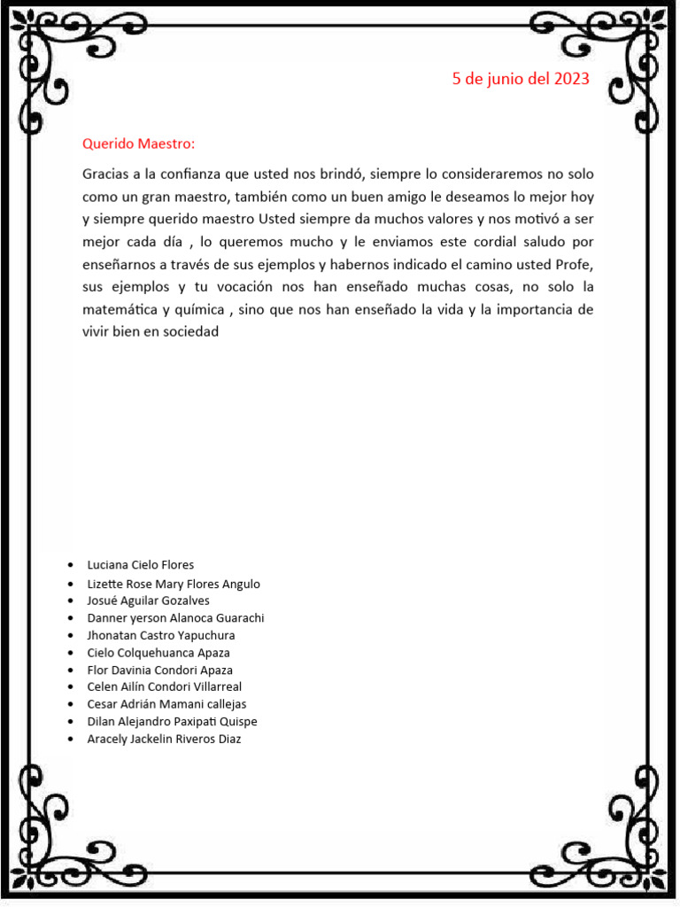 CARTA PARA EL DIA DE MAESTRO | PDF