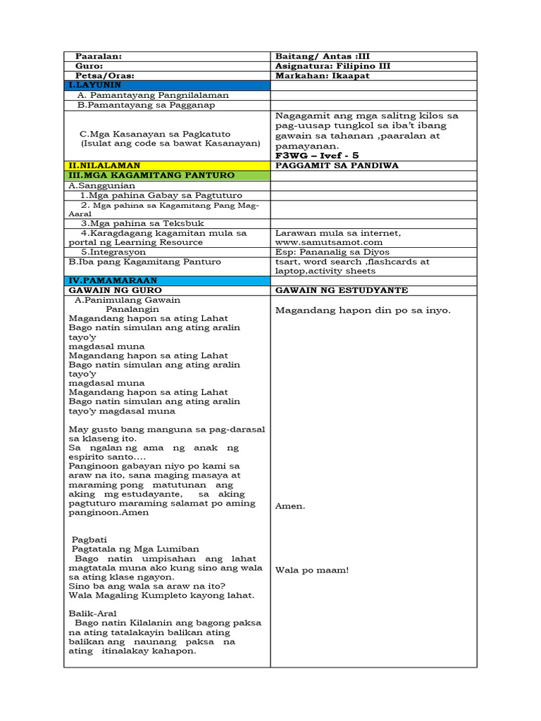 Detailed Lesson Plan in Filipino 3 | PDF
