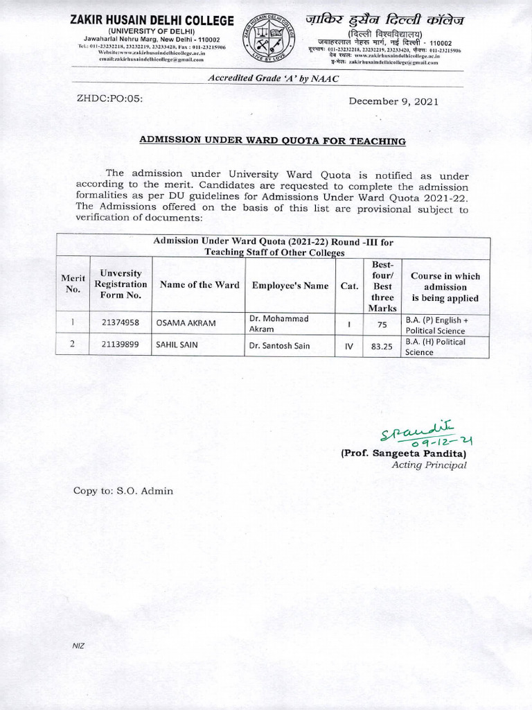 Admissions Under Ward Quota 2021-22 | PDF