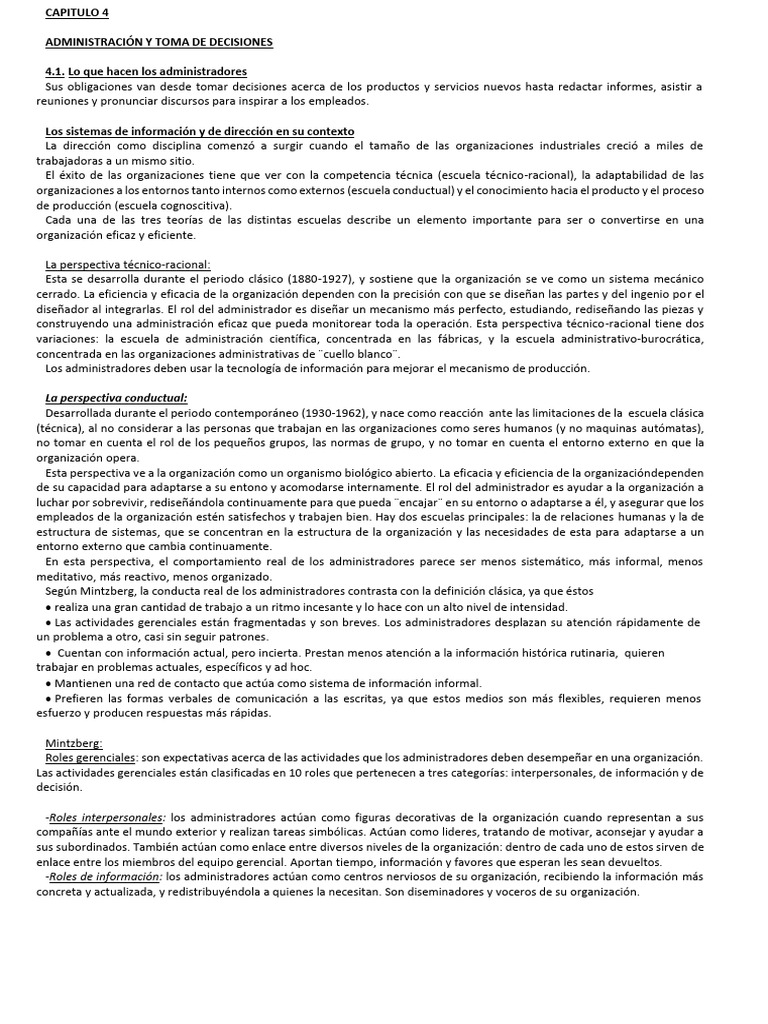 Resumen Capitulo 4 Laudon | PDF | Toma de decisiones | Racionalidad