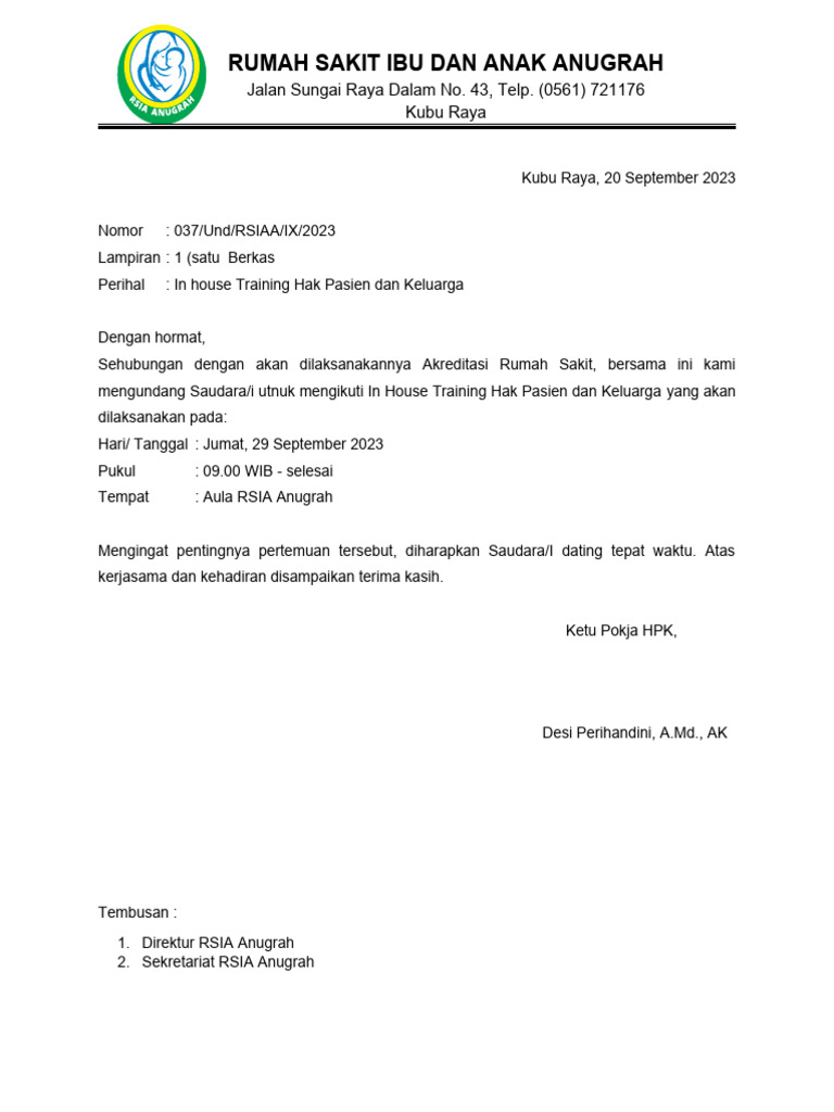 Undangan In House Training HPK | PDF