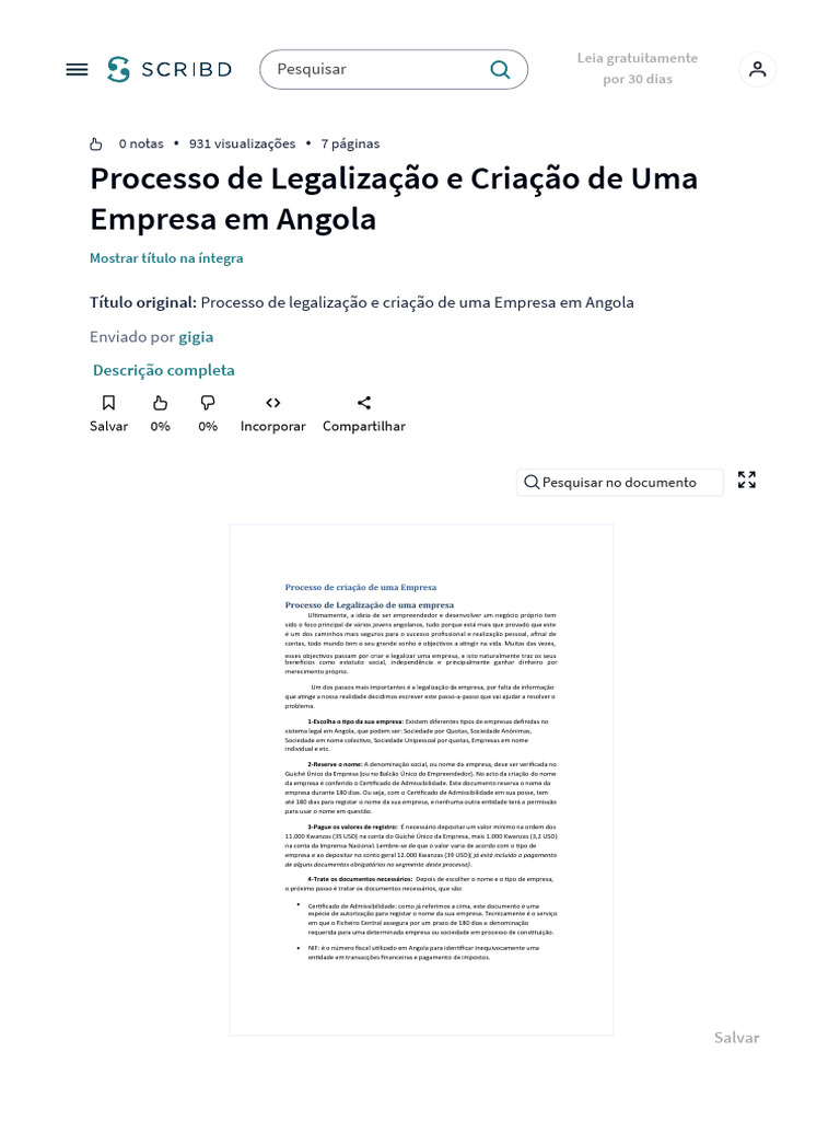 Processo de Legalização e Criação de Uma Empresa em Angola - PDF ... Processo de Legalização e Criação de Uma Empresa em Angola - PDF ...