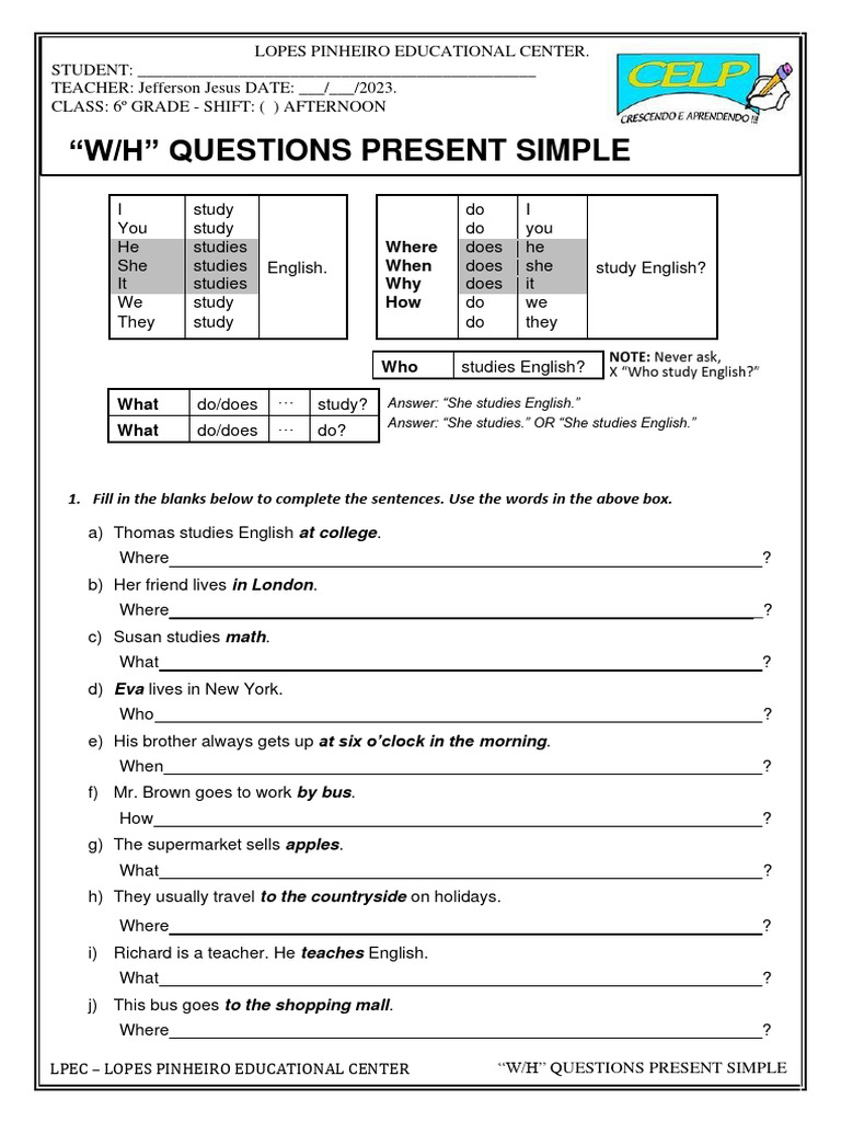 "W:H" Questions Present Simple | PDF