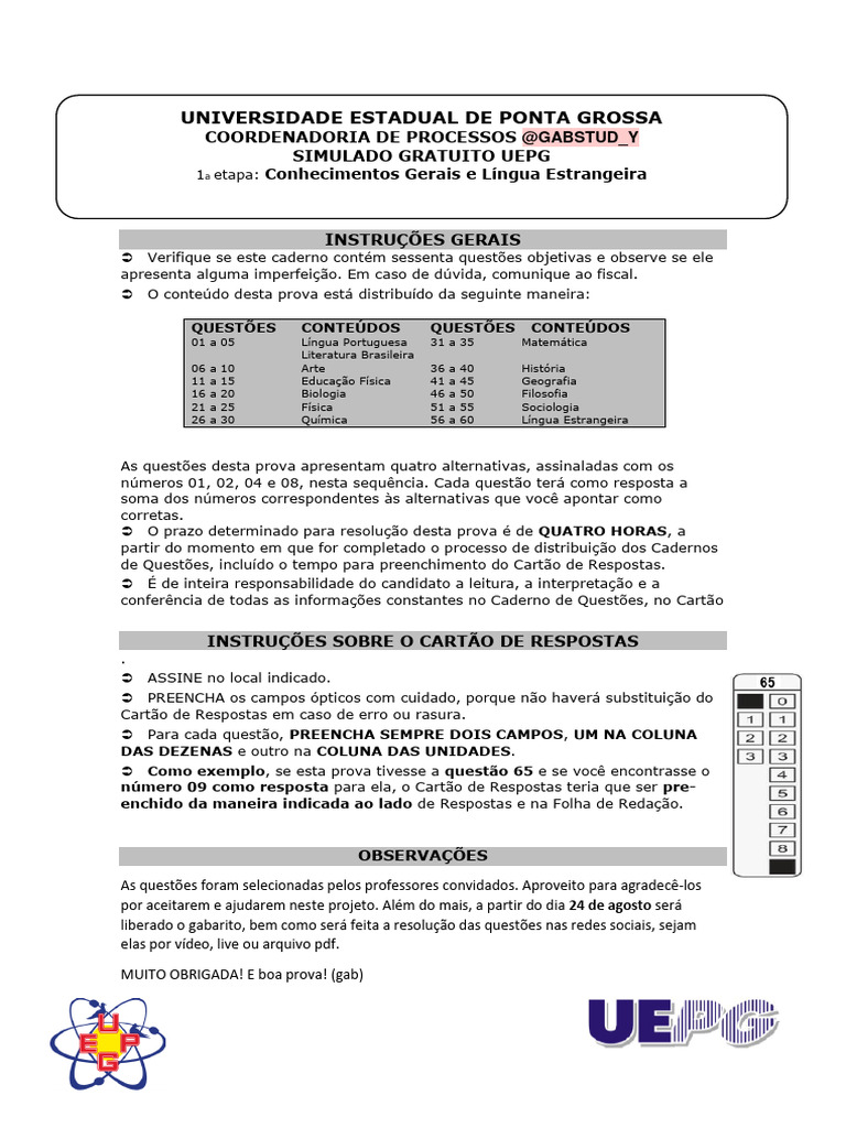 Simulado de Conhecimentos Gerais UEPG | PDF