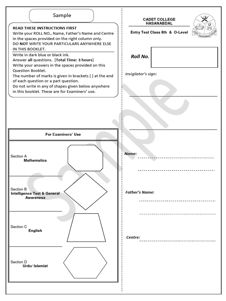 Class 8 Entry Test Sample Paper | PDF