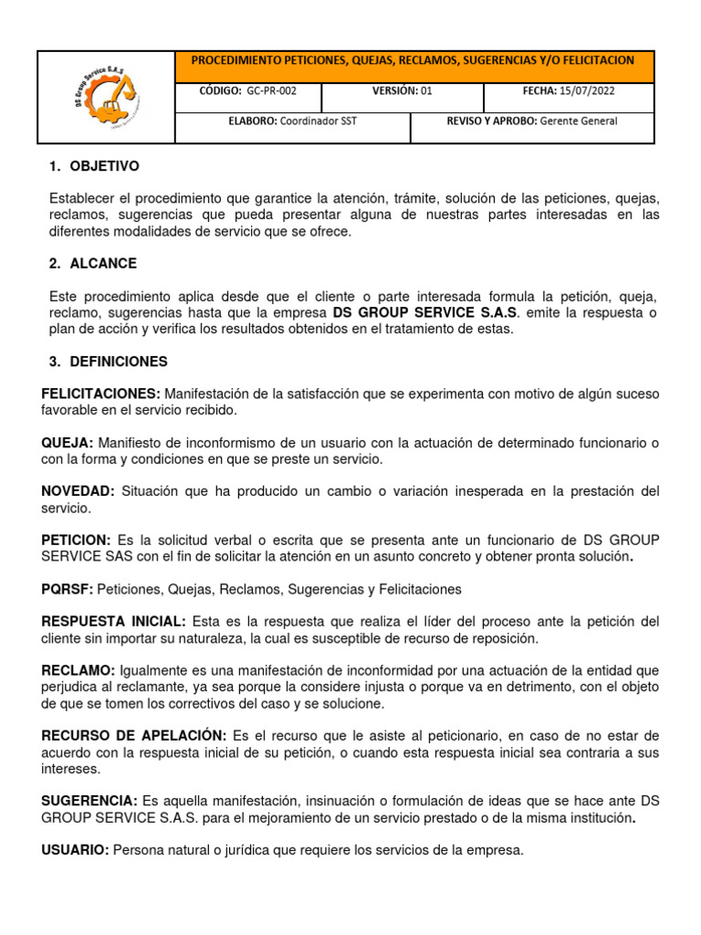 GC-PR-002 PETICIONES, QUEJAS, RECLAMOS, SUGERENCIAS O FELICITACIONES | PDF | Business