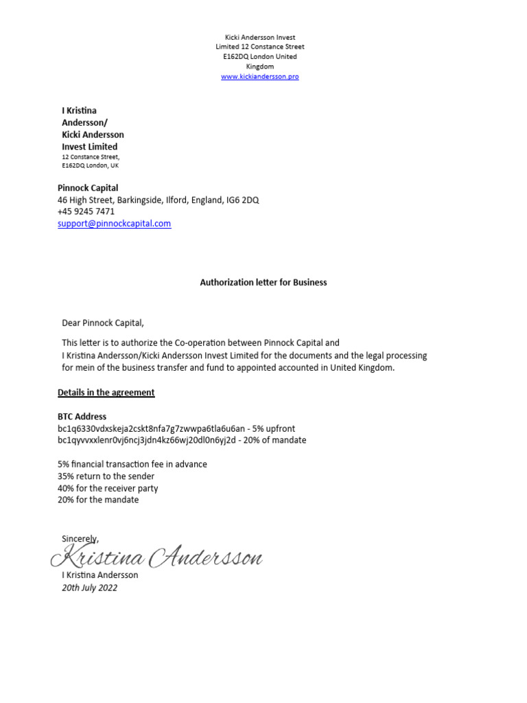 Authorization Letter 2 - Piinock Capital | PDF
