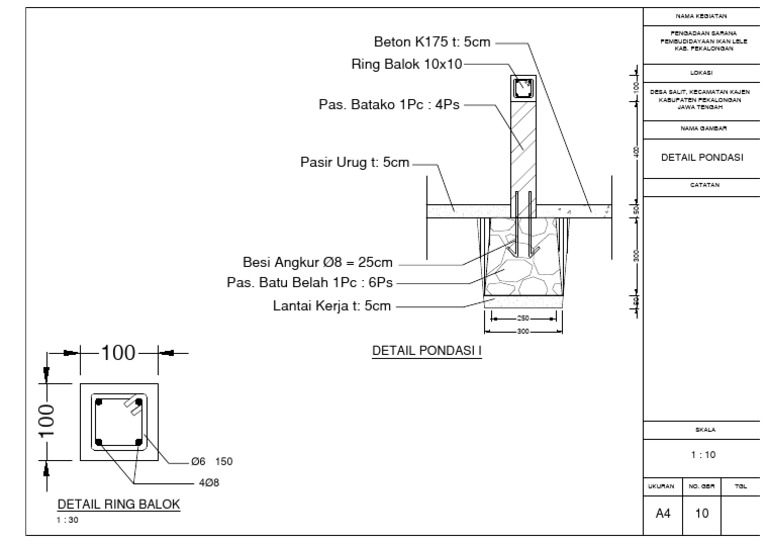 Ring Balok 10x10 Pas. Batako 1Pc: 4Ps Beton K175 T: 5cm: Detail Pondasi ...