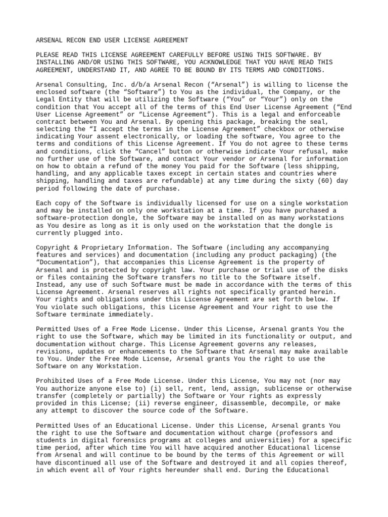 Arsenal Recon - End User License Agreement | PDF | License ...
